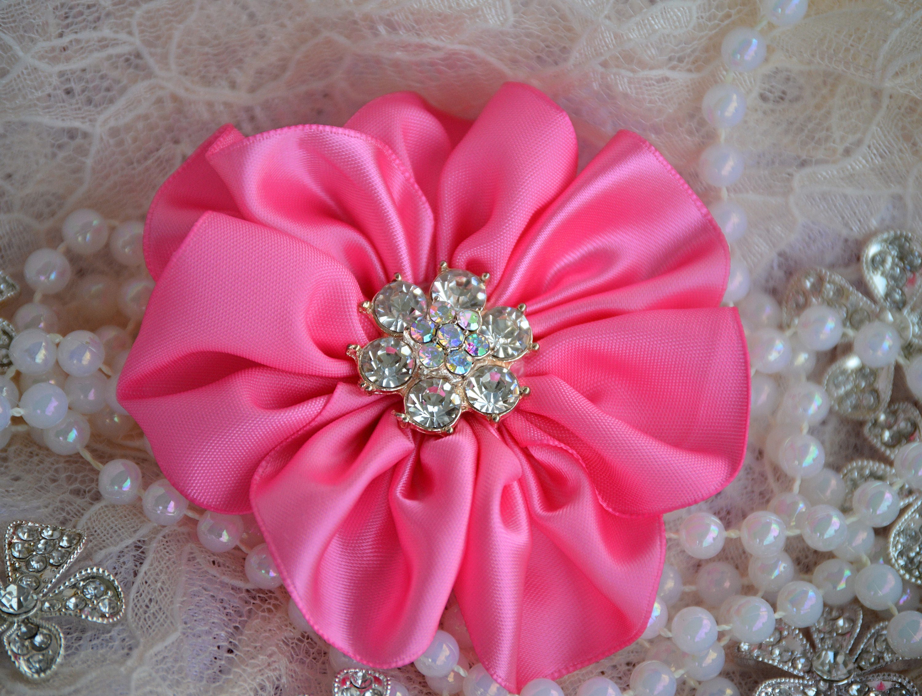 Hot Pink Satin Ribbon Flowers 3 Satin Fabric Flowers - Etsy France