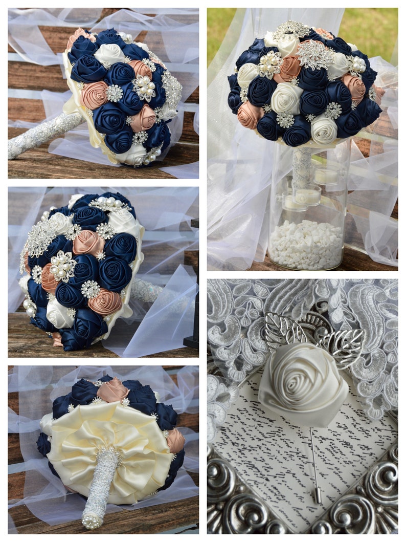 Navy Blue Rose Gold Ivory Bridal Bouquet Wedding Bouquet - Etsy