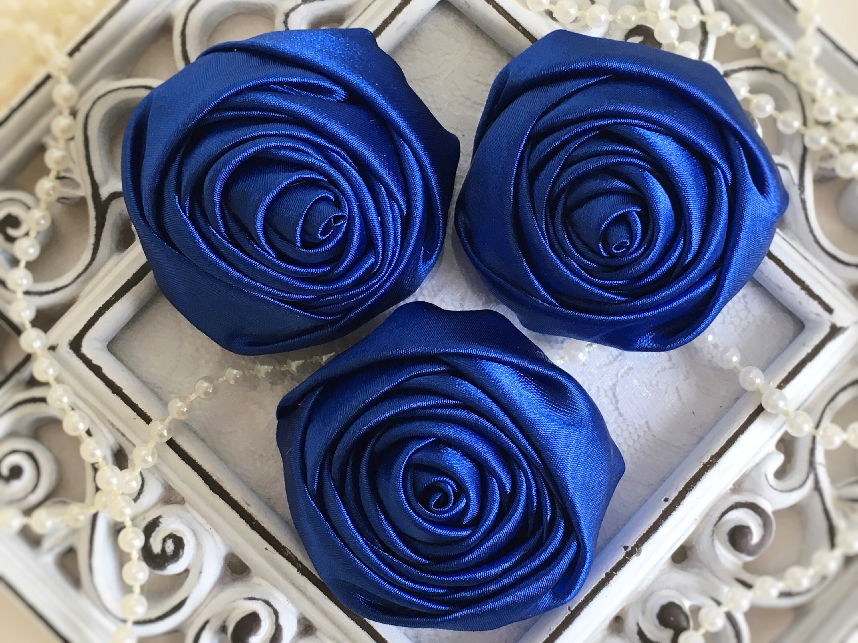 2 Satin Fabric Roses Royal Blue Satin Rolled Rosettes - Etsy