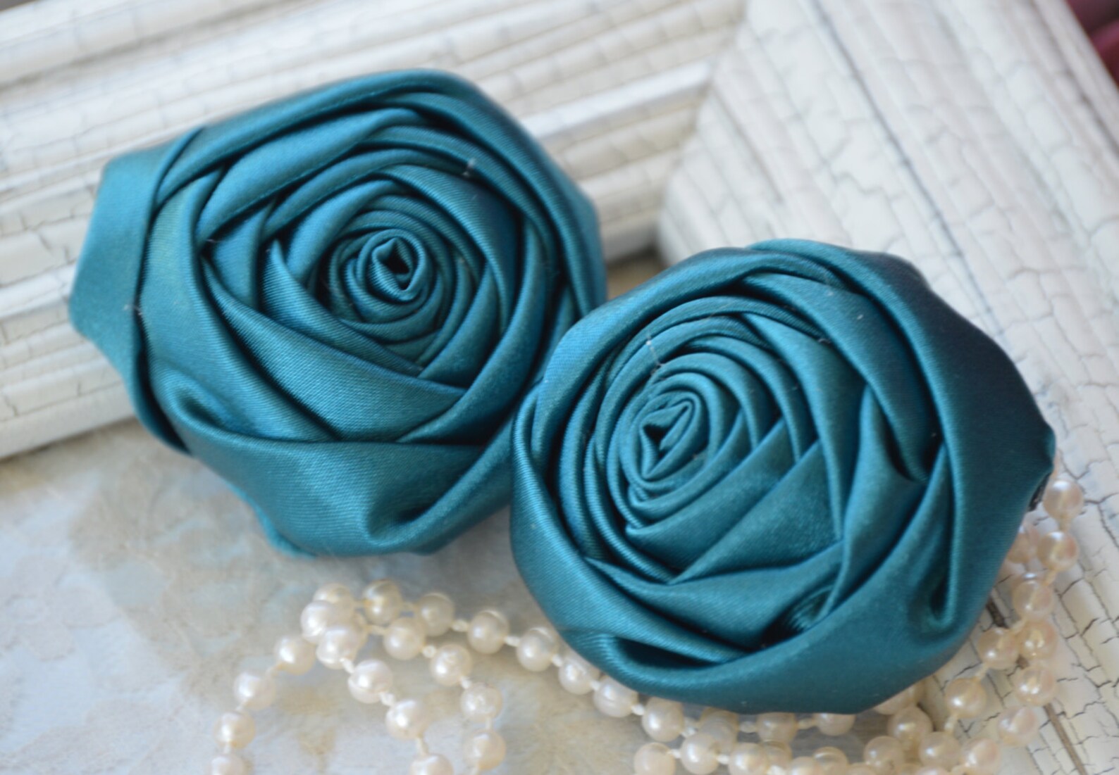 Teal 2 Satin Fabric Roses Teal Satin Rolled Rosettes | Etsy