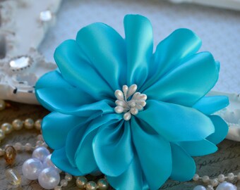 TURQUOISE Ribbon Flower, Satin Flower, Fabric Rose, Rolled Rosette ...