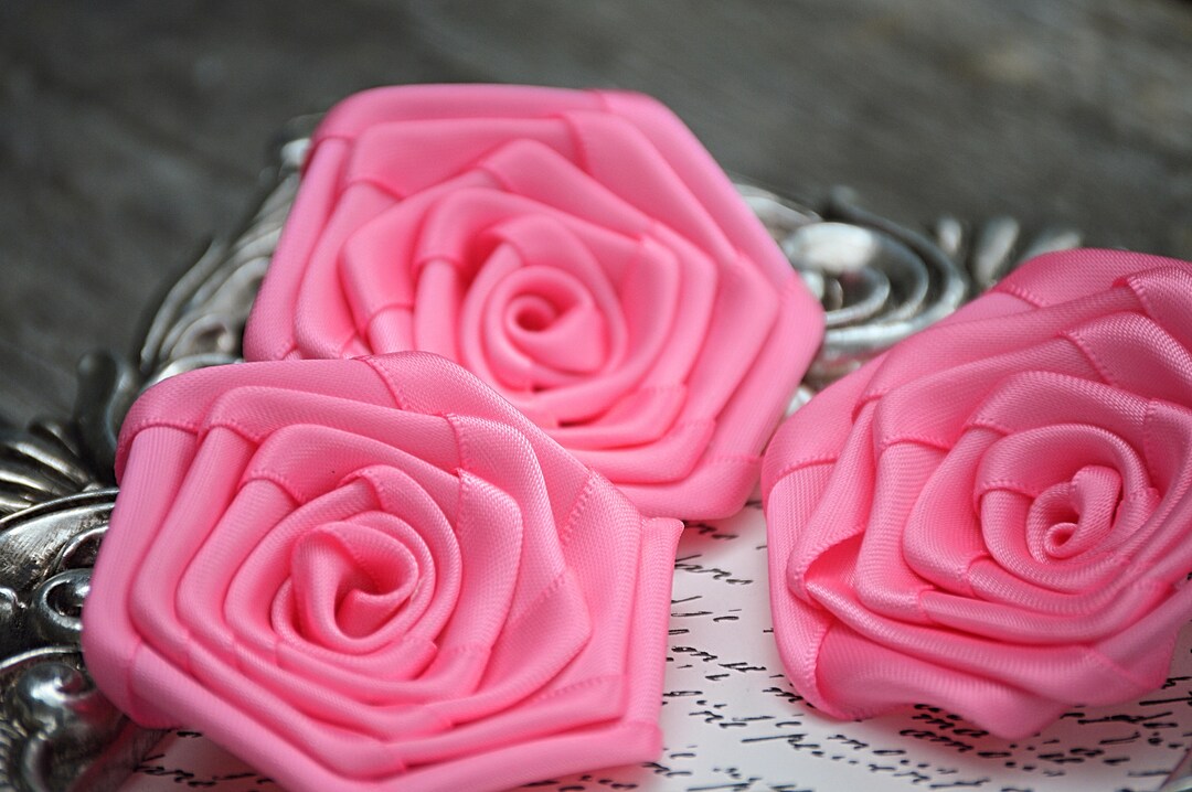 2 Satin Rosettes, Hot Pink Satin Rolled Rosettes, Satin Ribbon Roses ...