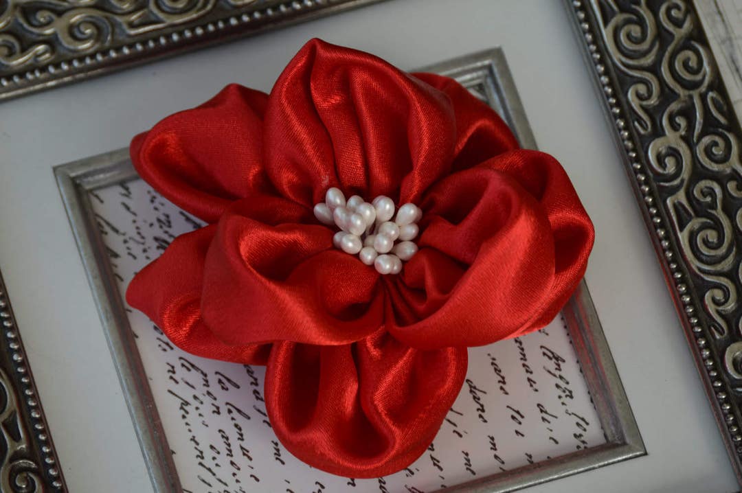 Red Satin Flower , 4 Satin Pearl Fabric Flowers, Extra Large Satin ...