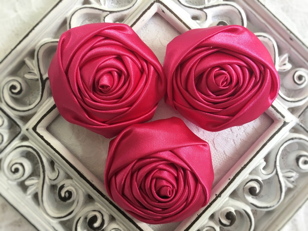 2 Satin Fabric Roses, Hot Pink Satin Rolled Rosettes, Satin Roses ...