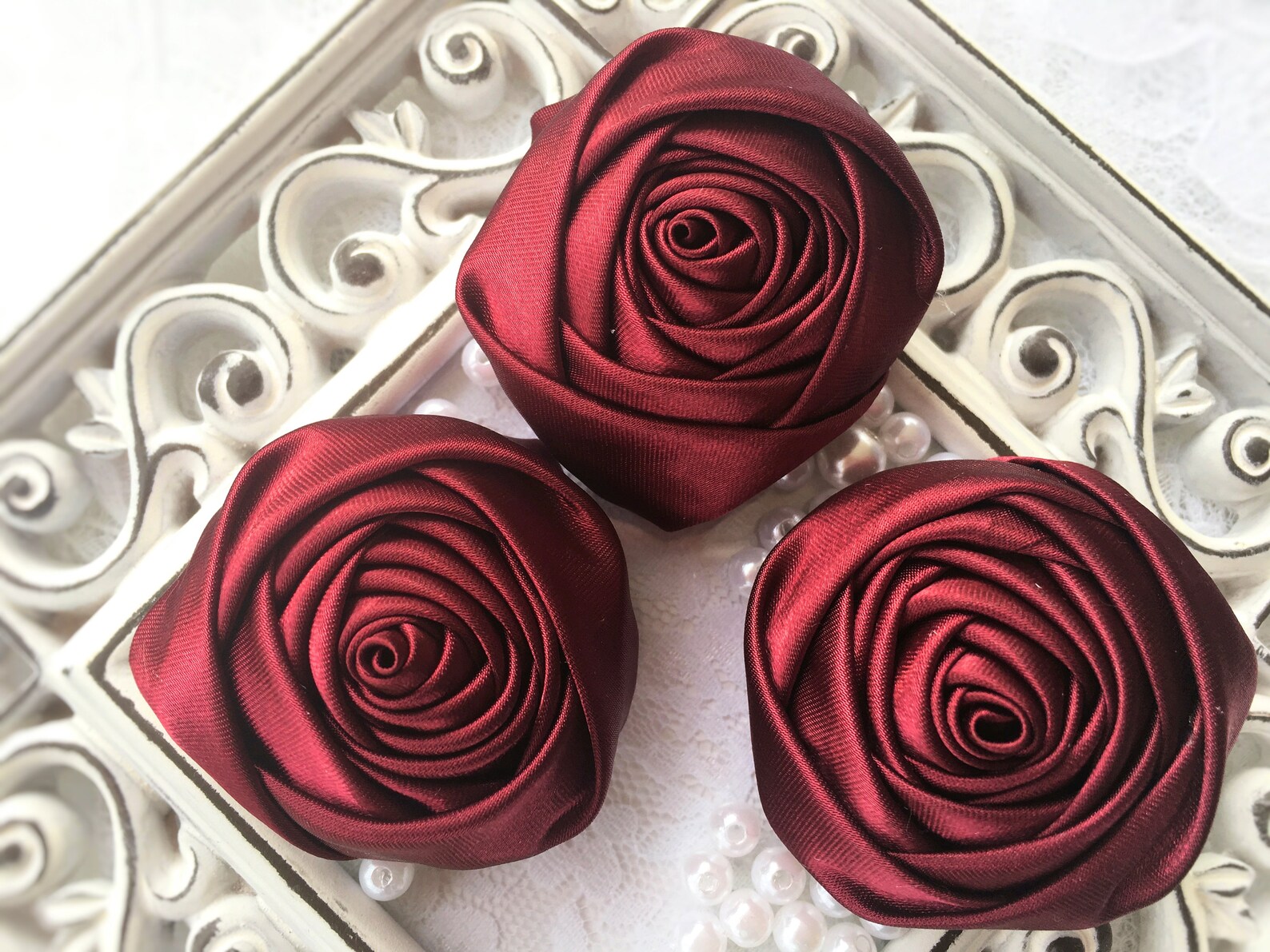 2 Satin Fabric Roses Burgundy Satin Rolled Rosettes - Etsy