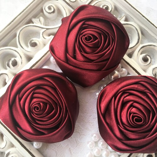 2 Satin Fabric Roses Burgundy Satin Rolled Rosettes - Etsy