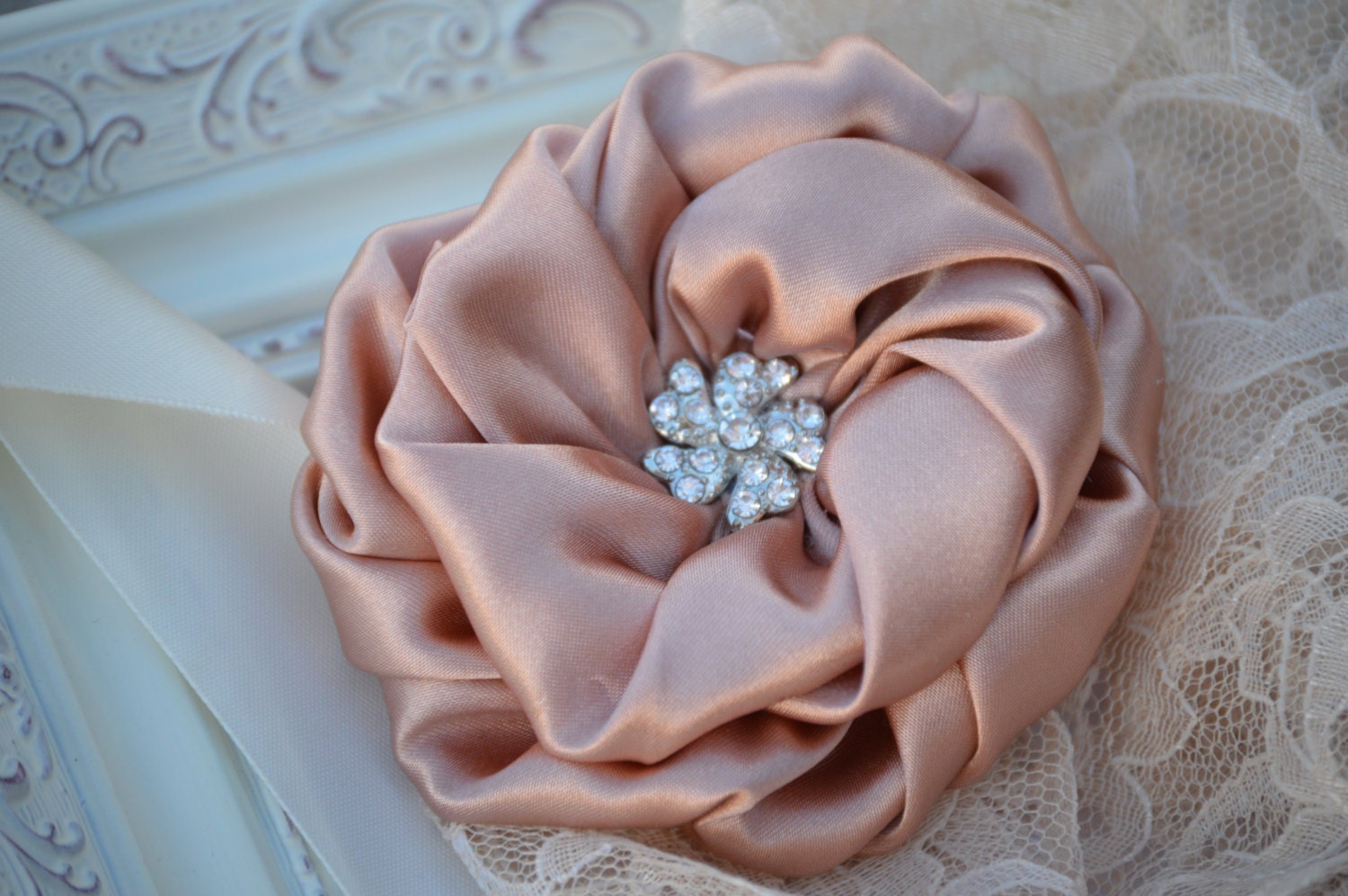 Rose Gold Pink Satin Flowers 3 Large Satin Rolled | Etsy