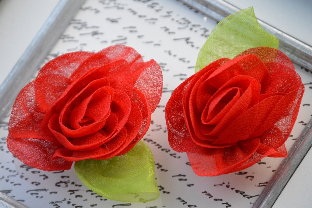 Red Chiffon Flowers, 2 Chiffon Flowers, Red Chiffon Rose With Leaf ...