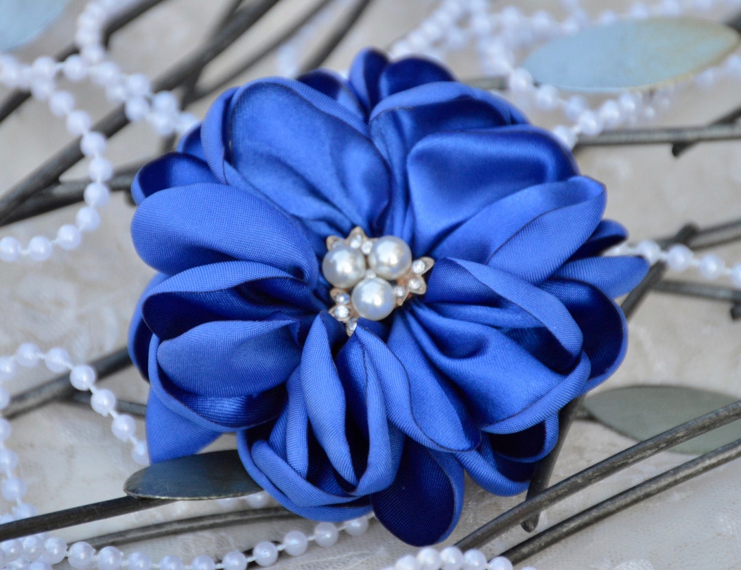 Royal Blue Satin Flowers, 3 Satin Fabric Flowers, Burned Edges Fabric ...