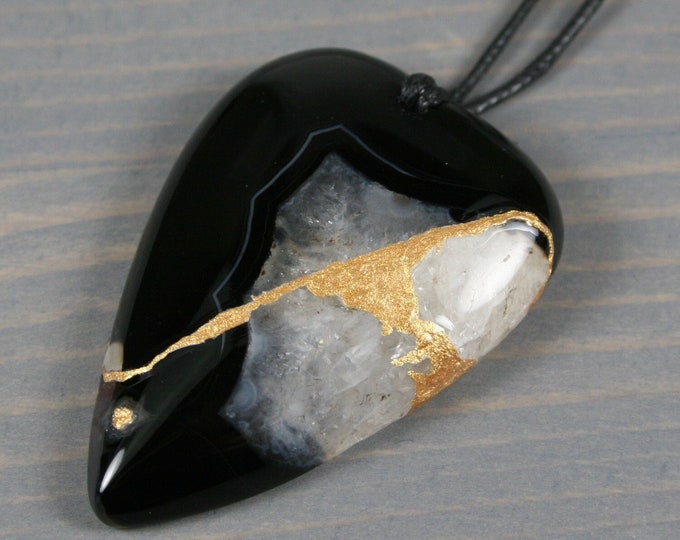 Kintsugi Repaired Black Agate and Quartz Stone Heart Pendant on Black ...