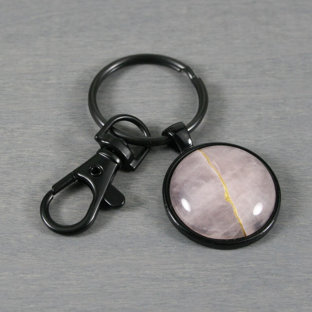 Kintsugi Repaired Rose Quartz Stone Key Chain With Black Key Ring and ...