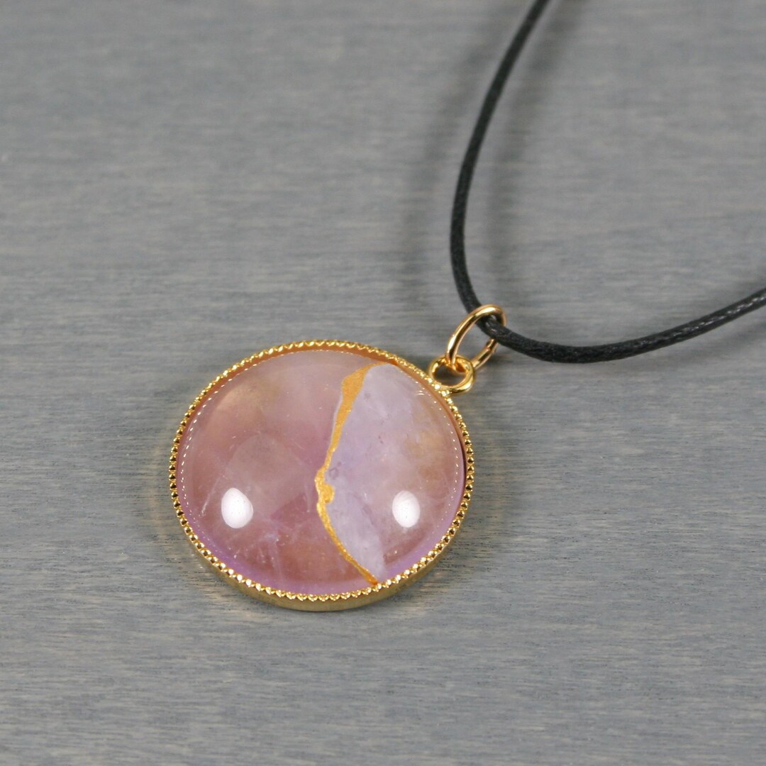 Kintsugi Repaired Amethyst Pendant in a Gold Setting on a Black Cotton ...