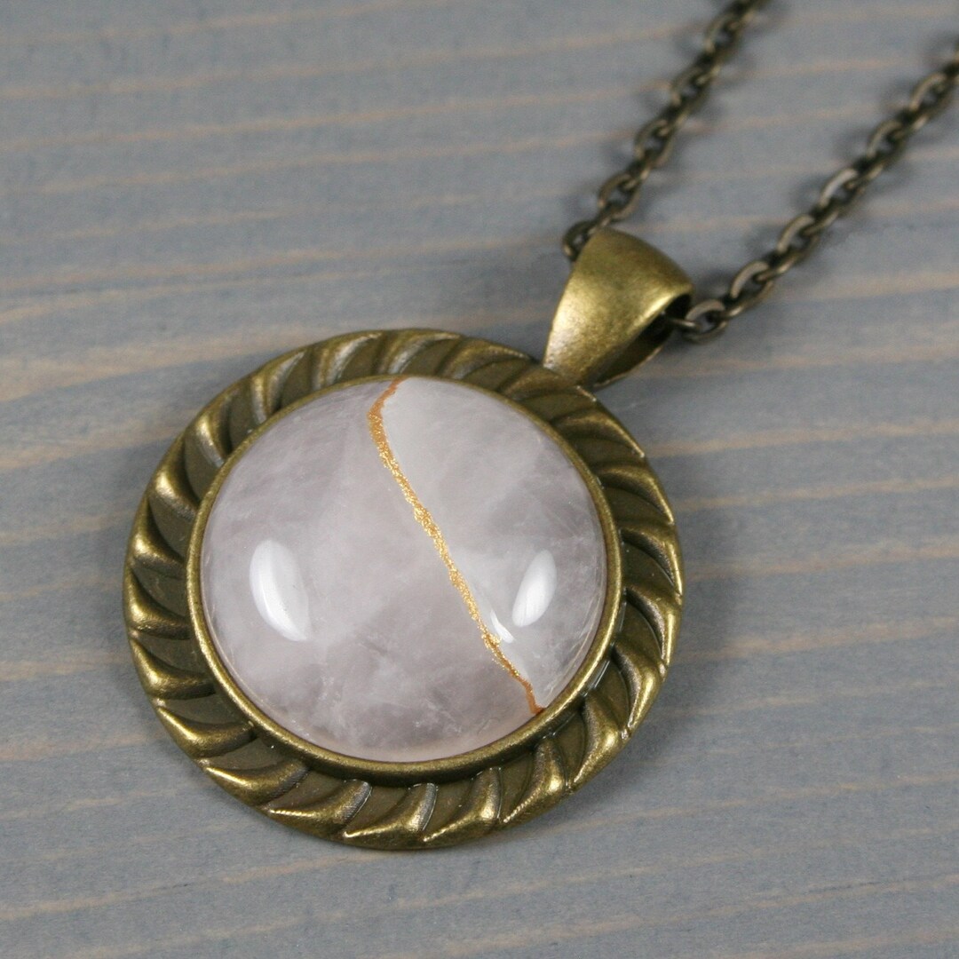 Kintsugi Repaired Rose Quartz Pendant in an Antiqued Brass Setting on ...