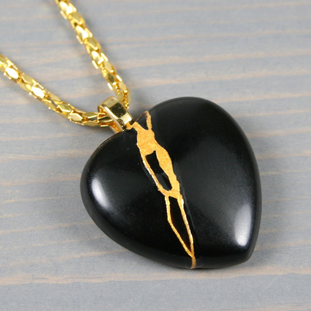 Kintsugi Repaired Obsidian Broken Heart Pendant on a Thick Chain ...