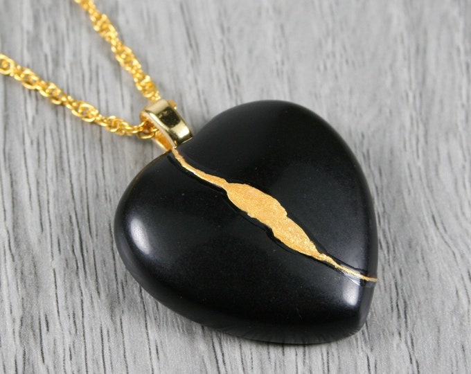 Kintsugi Repaired Obsidian Broken Heart Pendant on a Rope Chain ...