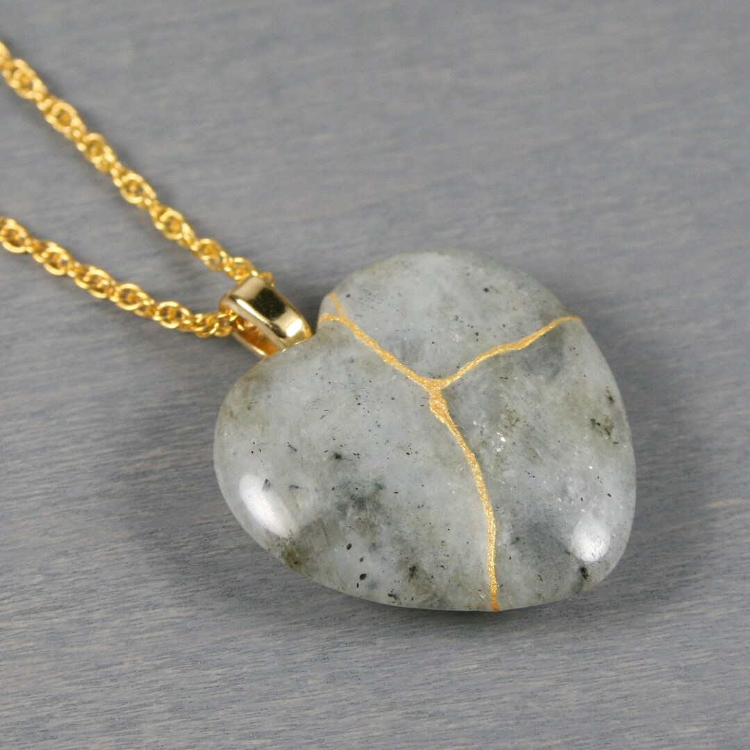Kintsugi Repaired Labradorite Broken Heart Pendant on a Rope Chain ...