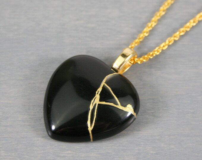 Kintsugi Repaired Obsidian Broken Heart Pendant on a Rope Chain ...