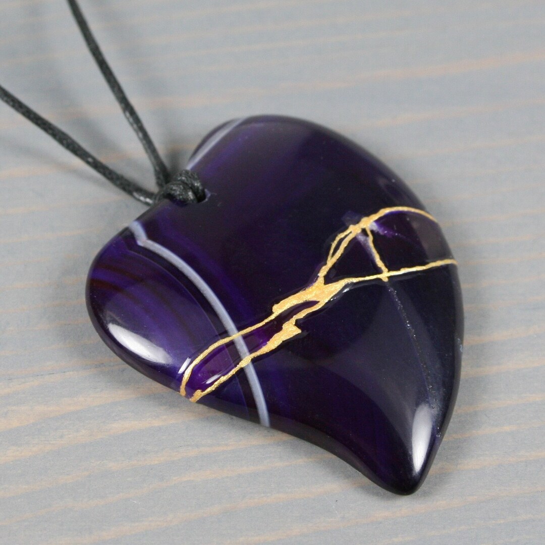Kintsugi Repaired Dark Purple Agate Broken Heart Pendant on Black ...