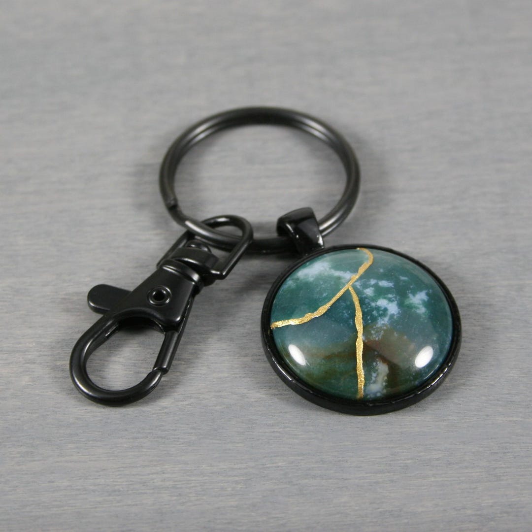 Kintsugi Repaired Moss Agate Key Chain in a Black Bezel Setting With ...