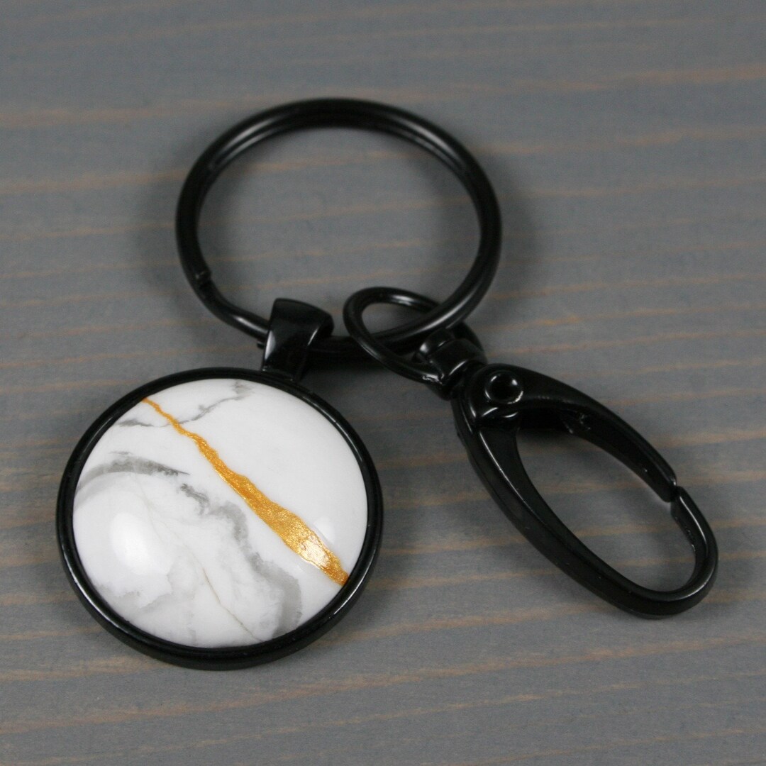 Kintsugi Repaired White Howlite Stone Key Chain in a Black Bezel ...