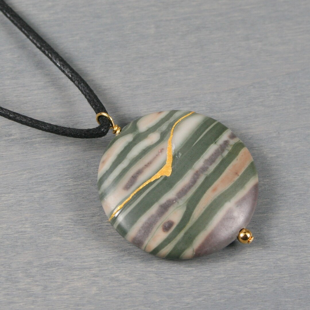 Kintsugi Repaired Green Line Stone Pendant on an Adjustable Length ...
