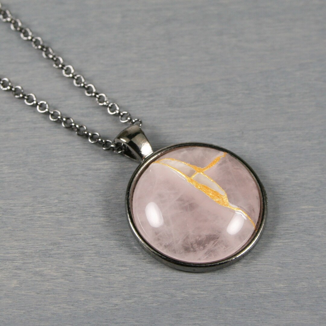 Kintsugi Repaired Rose Quartz Pendant in a Gunmetal Plated Bezel ...