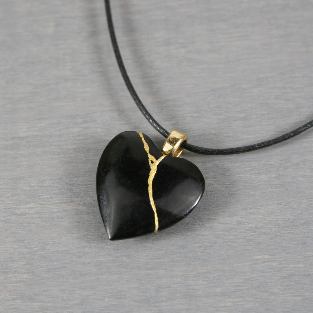 Broken Heart Pendant in Black Onyx With Kintsugi Repair on a Black ...