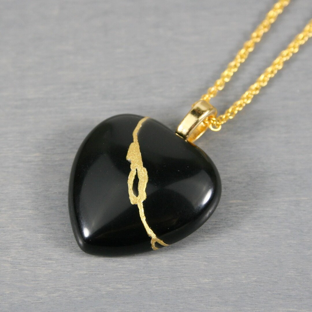 Kintsugi Repaired Obsidian Broken Heart Pendant on a Rope Chain ...