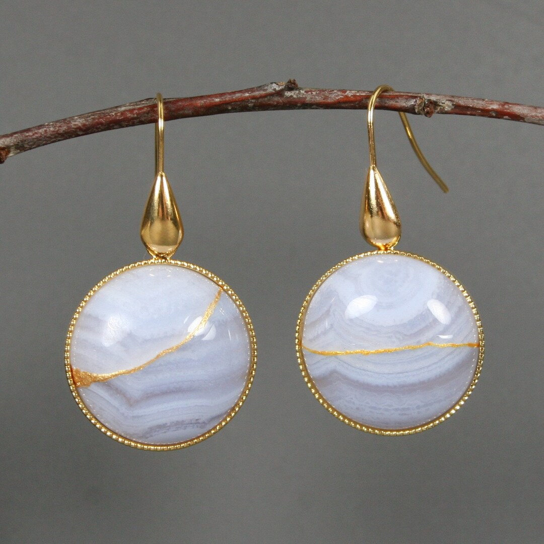 Kintsugi Repaired Blue Lace Agate Earrings in Gold Plated Settings With Teardrop Ear Wires - Etsy