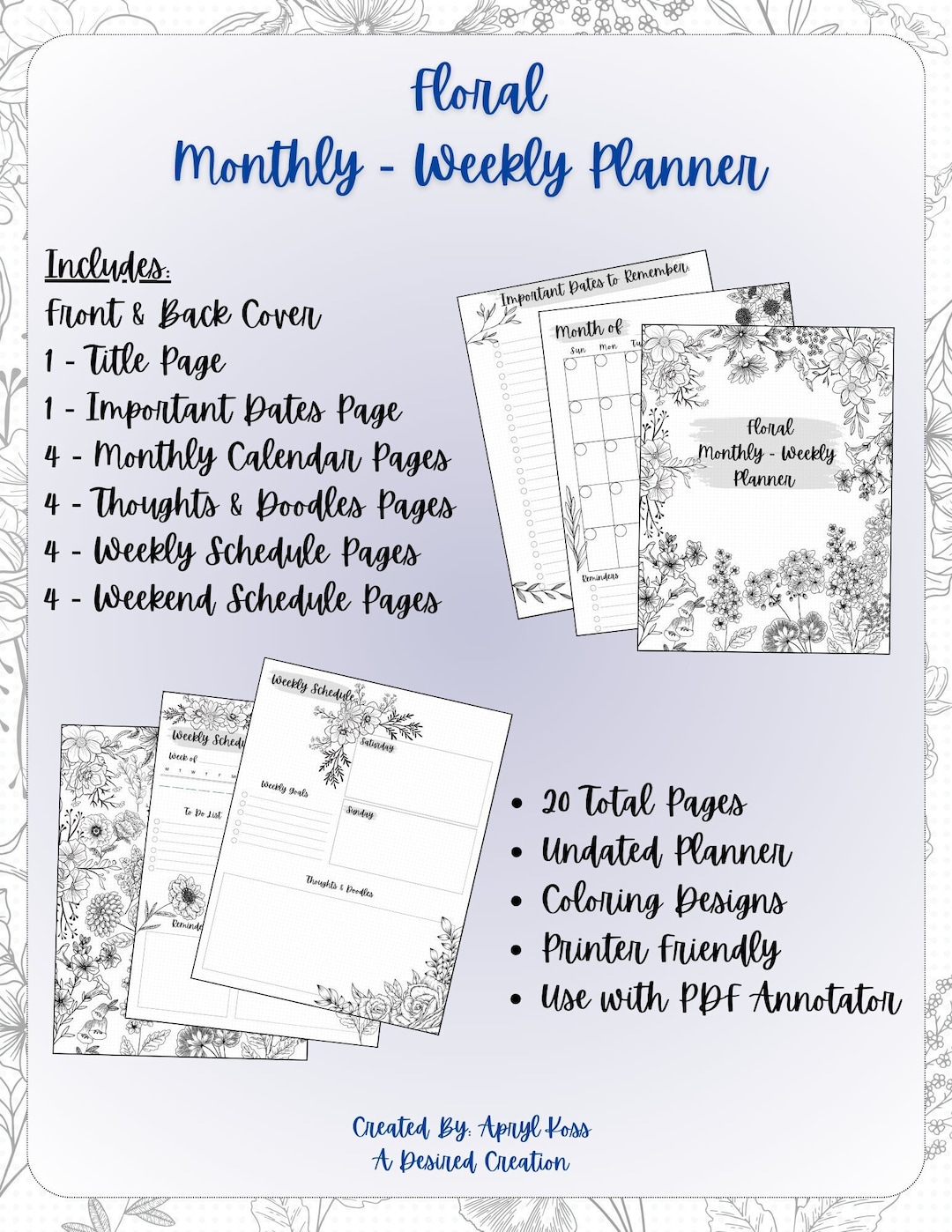 Undated, Floral Monthly & Weekly Planner, Printable, Pdf Download - Etsy