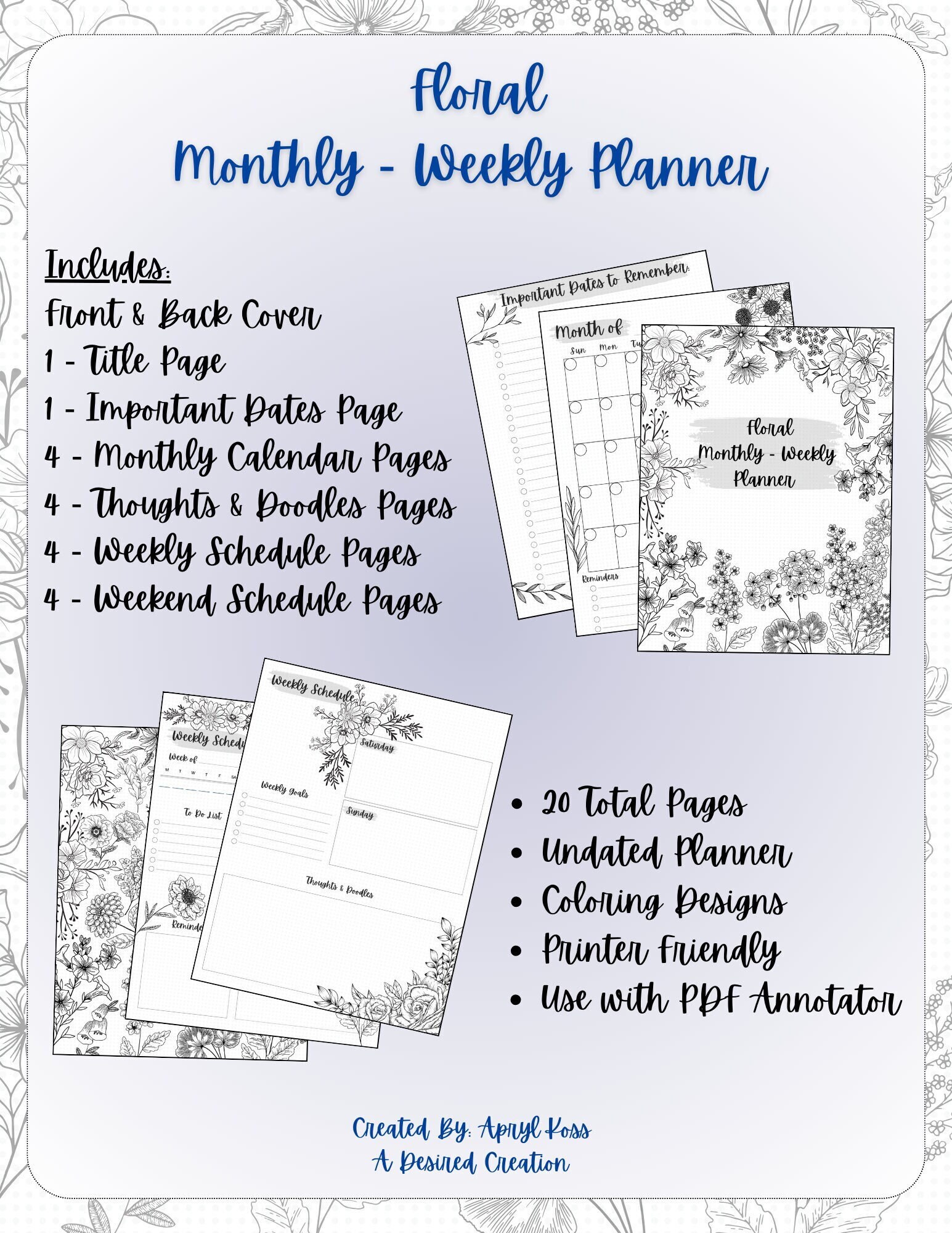 Undated, Floral Monthly & Weekly Planner, Printable, Pdf Download - Etsy