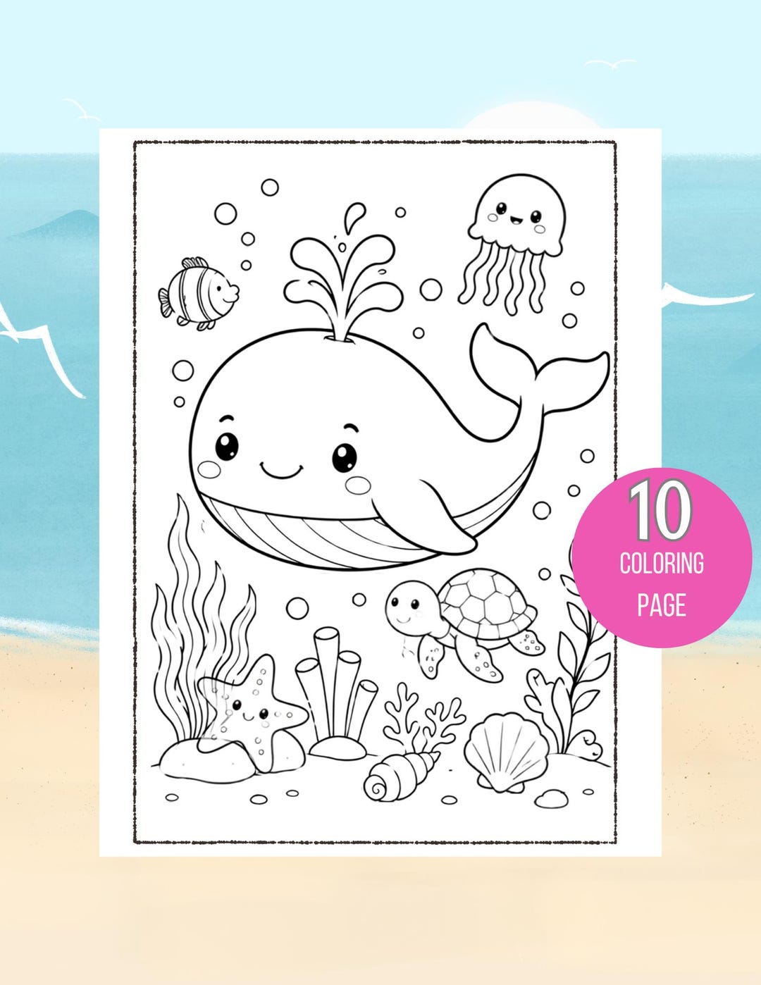 Summer Coloring Pages for Kids, Beach Ocean Activity Book, Sea Animals ...