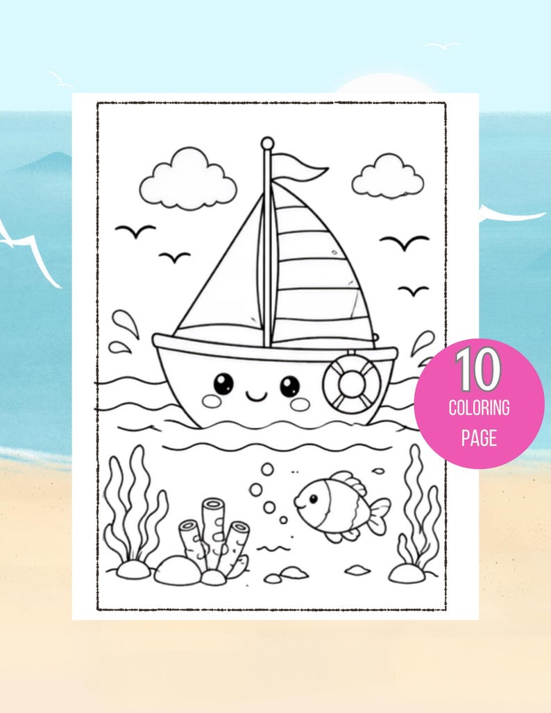 Summer Coloring Pages for Kids, Beach Ocean Activity Book, Sea Animals ...