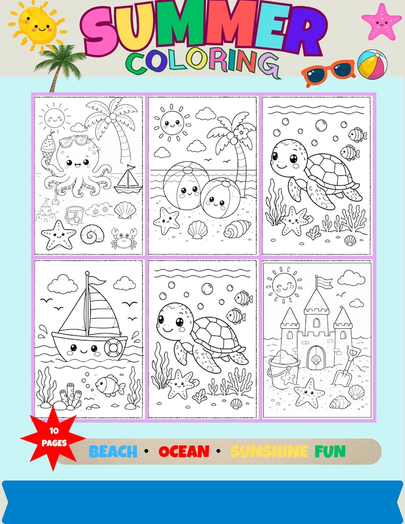 Summer Coloring Pages for Kids, Beach Ocean Activity Book, Sea Animals ...