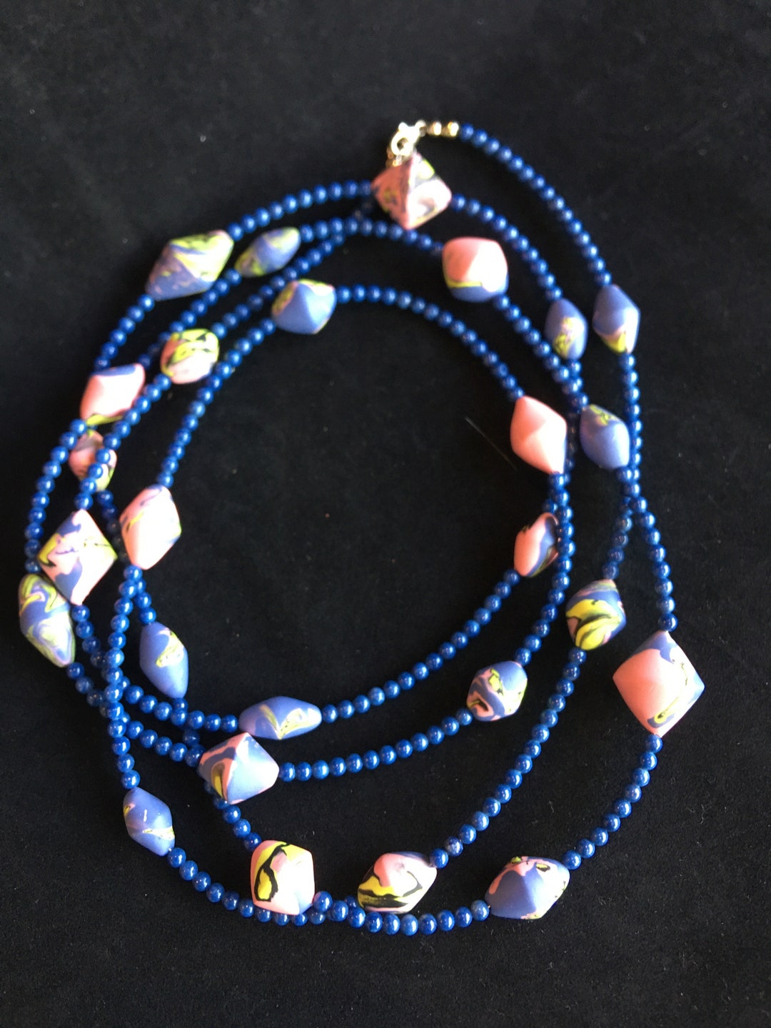 Periwinkle Rope Necklace, Fossil and Polymer Clay Custom Beads, Pink ...