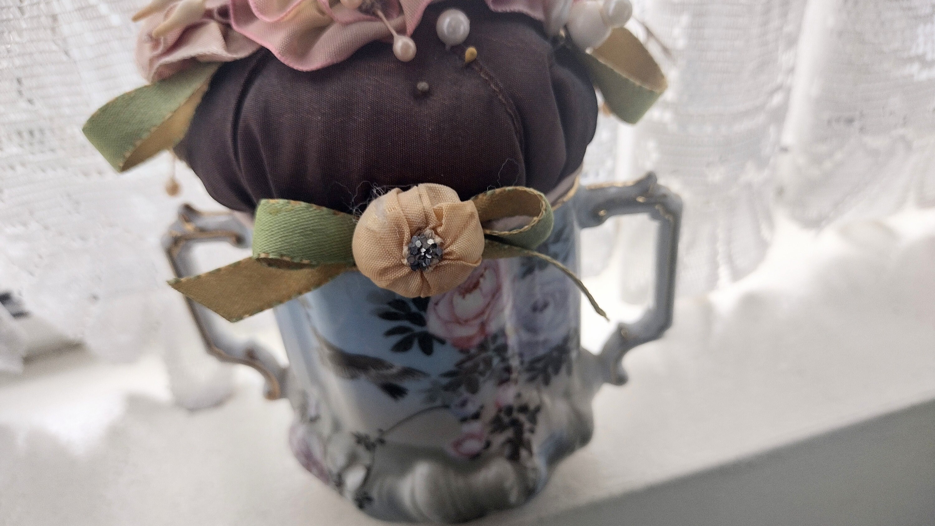 Vintage Pin Cushion in a Cup, Fancy Sewing Pin Holder, Hand Painted Cup ...