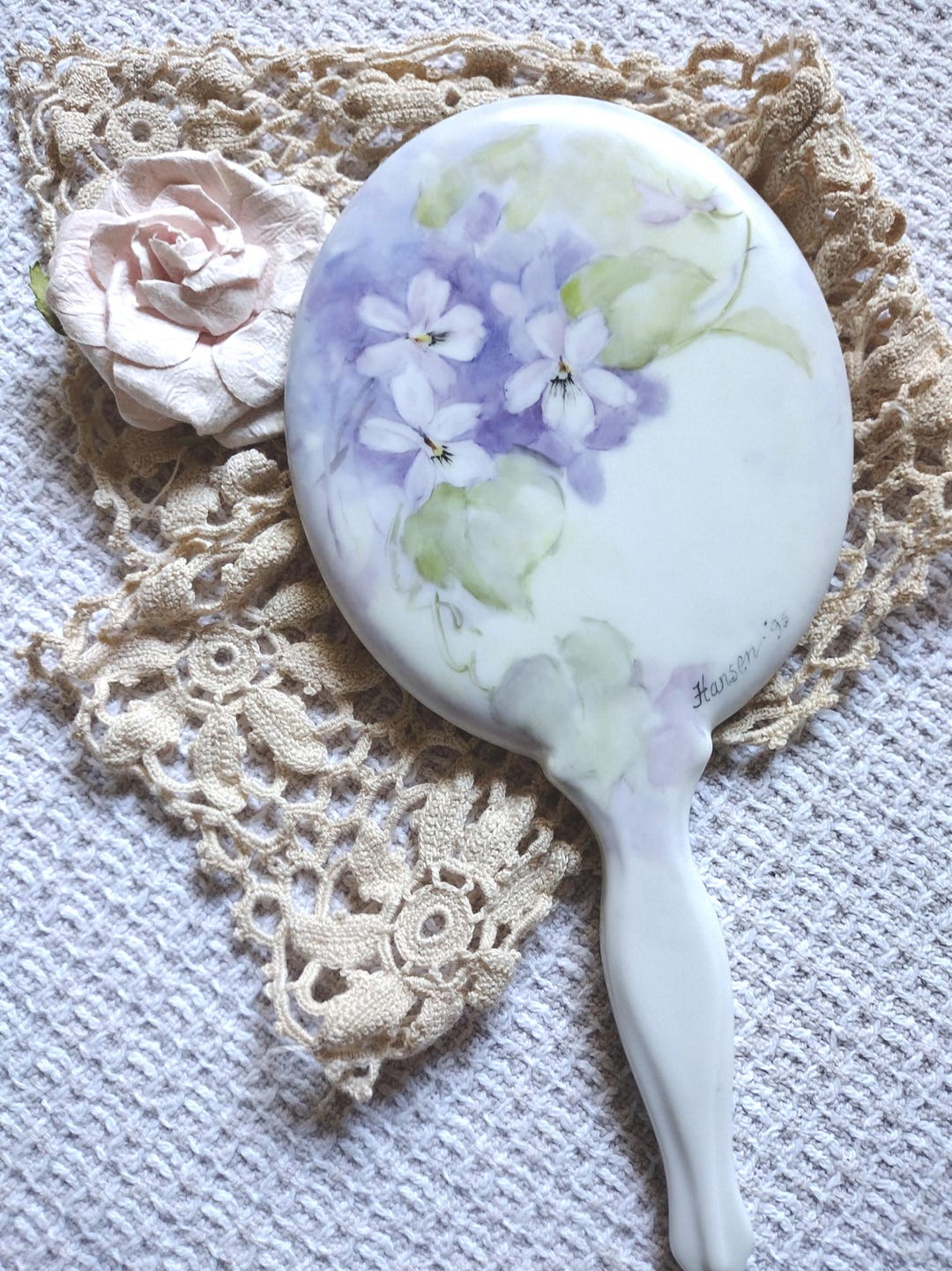 Vintage Hand Mirror, Hand Painted Violets on Hand Held Mirror, 9" X 4 ...