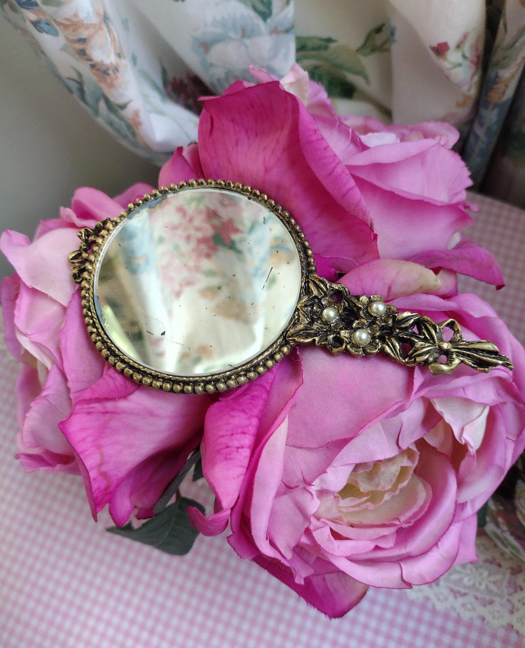 Vintage Hand Mirror, Double Sided Mirror With Pearls, Hollywood Regency ...