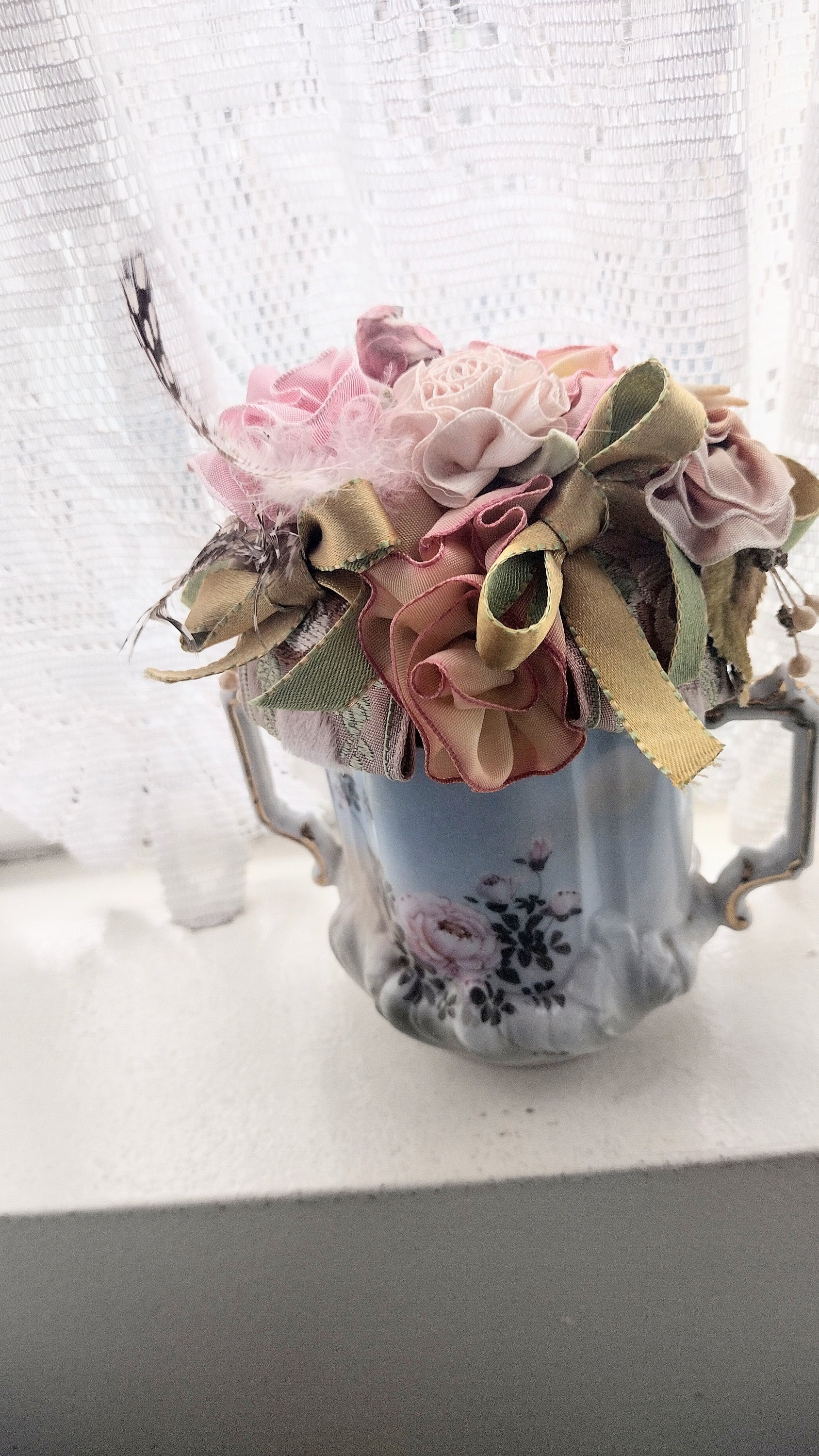 Vintage Pin Cushion in a Cup, Fancy Sewing Pin Holder, Hand Painted Cup ...