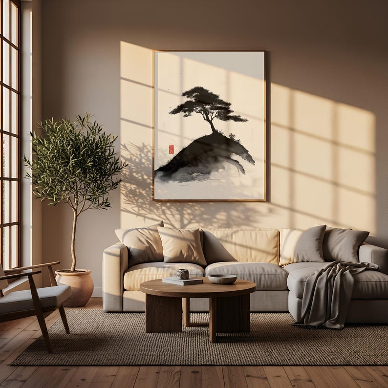 Sumi-e Tree Poster | Japanese Zen Ink Art Print | Minimalist Landscape ...