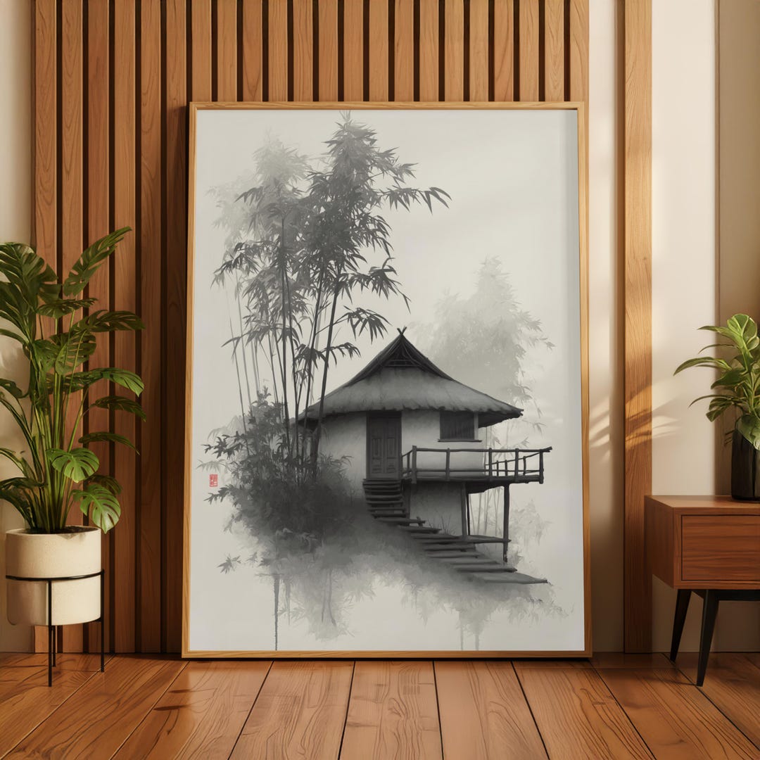 Japanese Bamboo House Poster | Sumi-e Zen Ink Wall Art | Minimalist ...