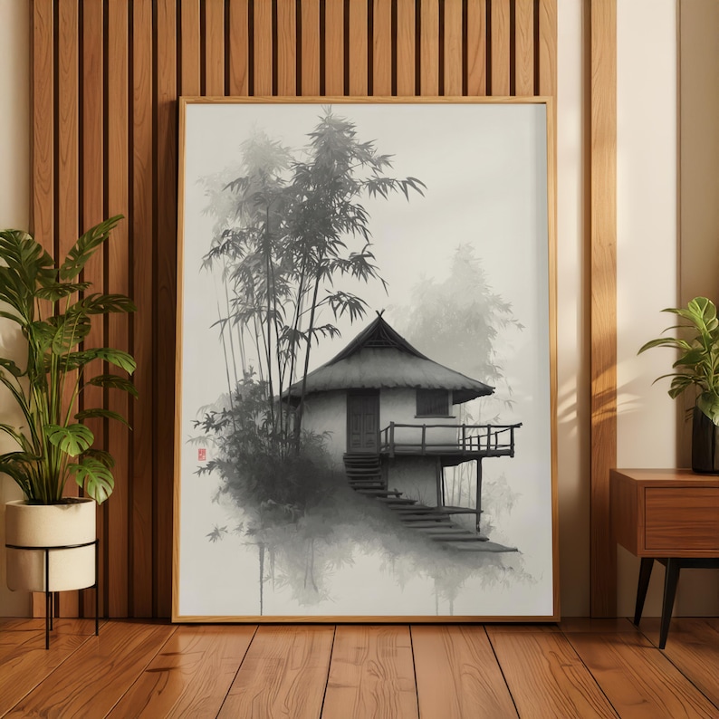 Japanese Bamboo House Poster | Sumi-e Zen Ink Wall Art | Minimalist ...