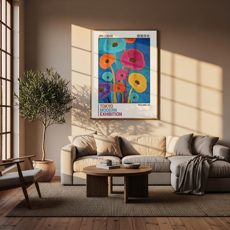Japanese Dot Flower Wall Art | Contemporary Floral Poster | Modern ...