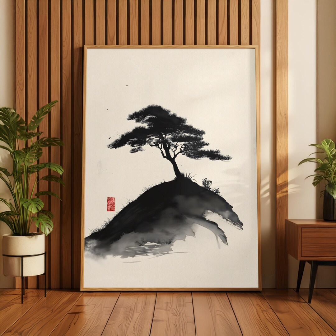 Sumi-e Tree Poster | Japanese Zen Ink Art Print | Minimalist Landscape ...