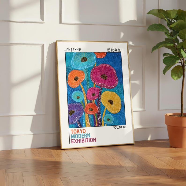 Japanese Dot Flower Wall Art | Contemporary Floral Poster | Modern ...