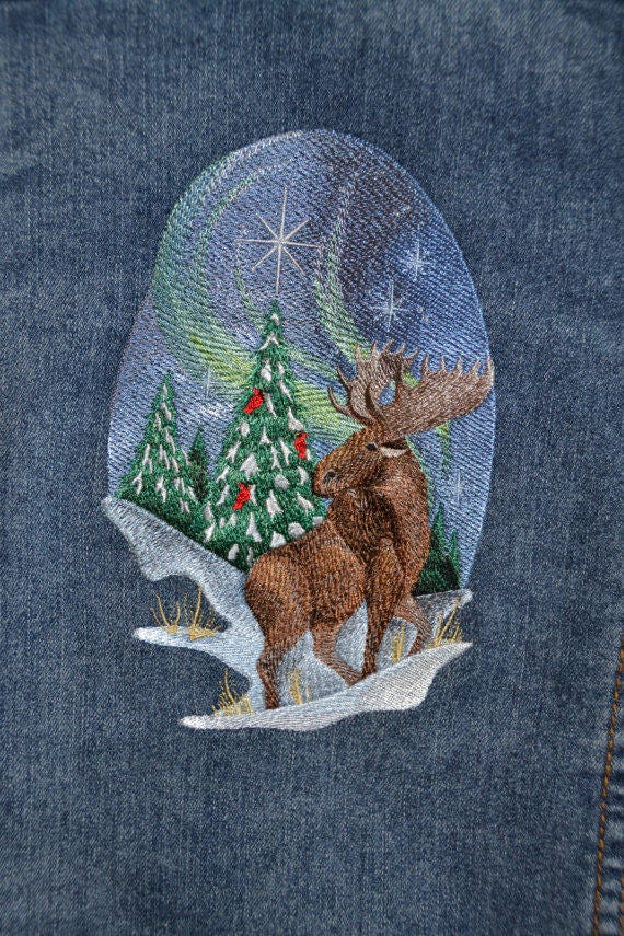 Moose Embroidered Denim Jacket, Blue Jean Jacket, Winter Moose, Moose ...