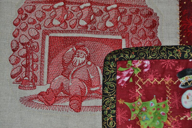 Santa Quilted Wall Hanging, Santa Table Topper, Toile Embroidery, Wall ...