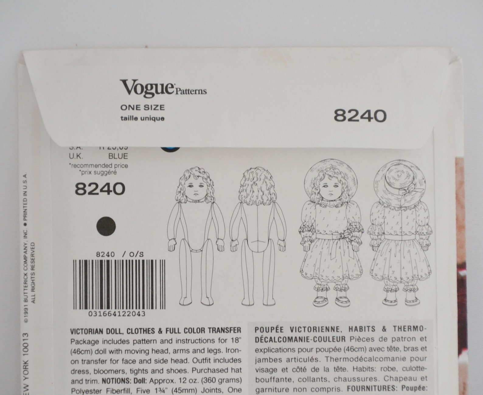 Victorian Doll and Clothes Vogue Craft Pattern 8240, Doll Pattern ...