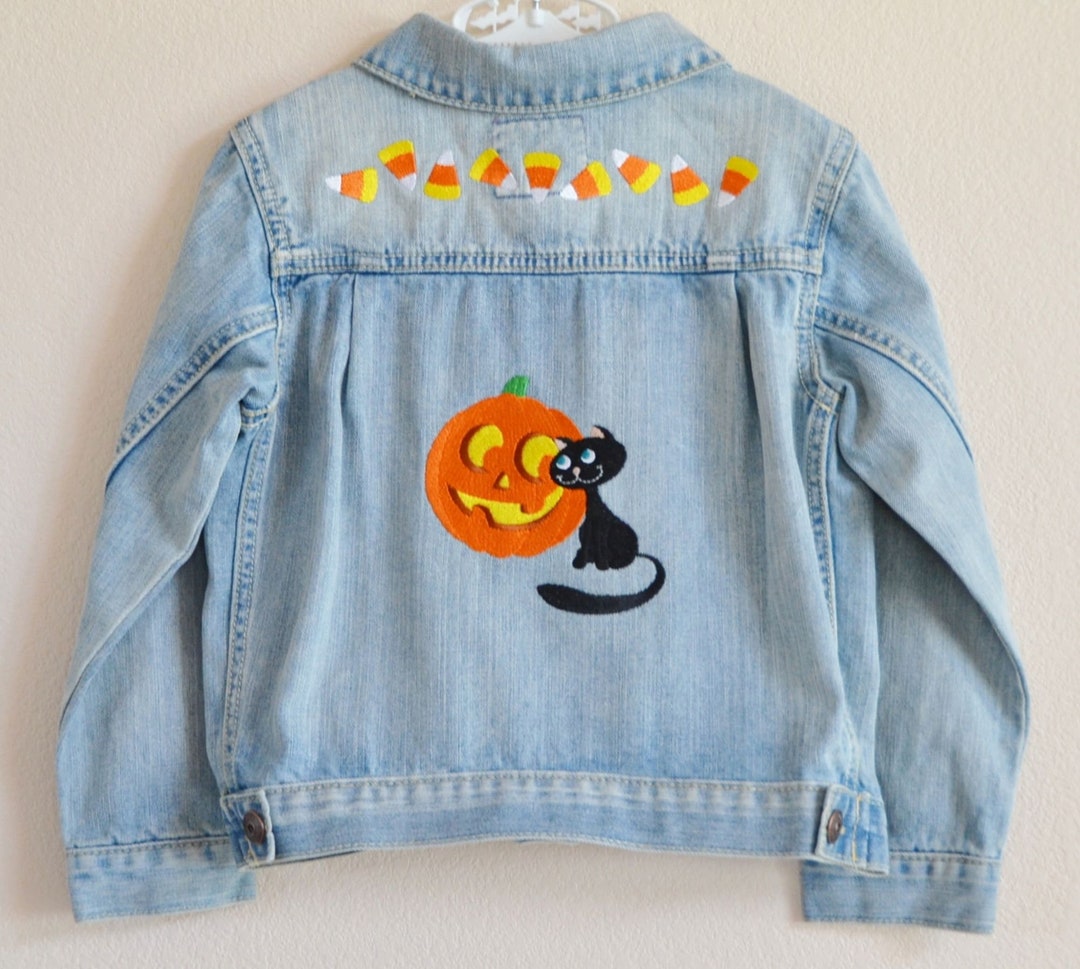 Halloween Jack-o'-lantern and Cat Denim Jacket, Pumpkin Jacket, Jack-o ...