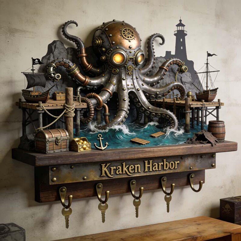 Personalized Steampunk Kraken Key Holder for Wall, Custom Nautical ...